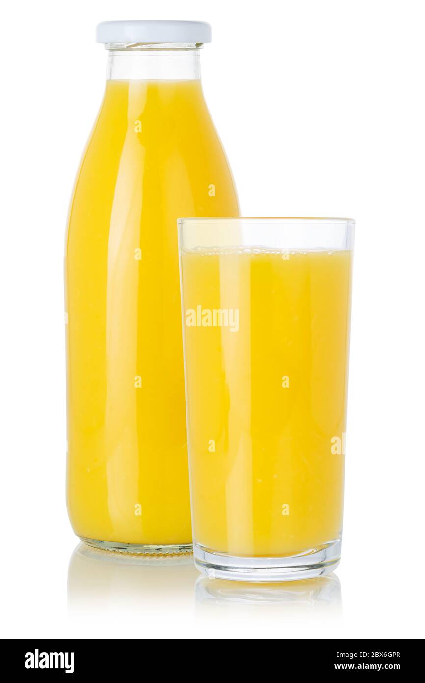 Fresh orange fruit juice smoothie drink in a bottle and glass isolated ...