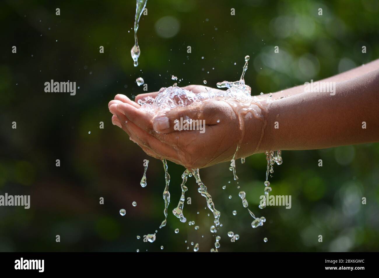 Water pouring in kid two hand on nature background. Hands with water ...