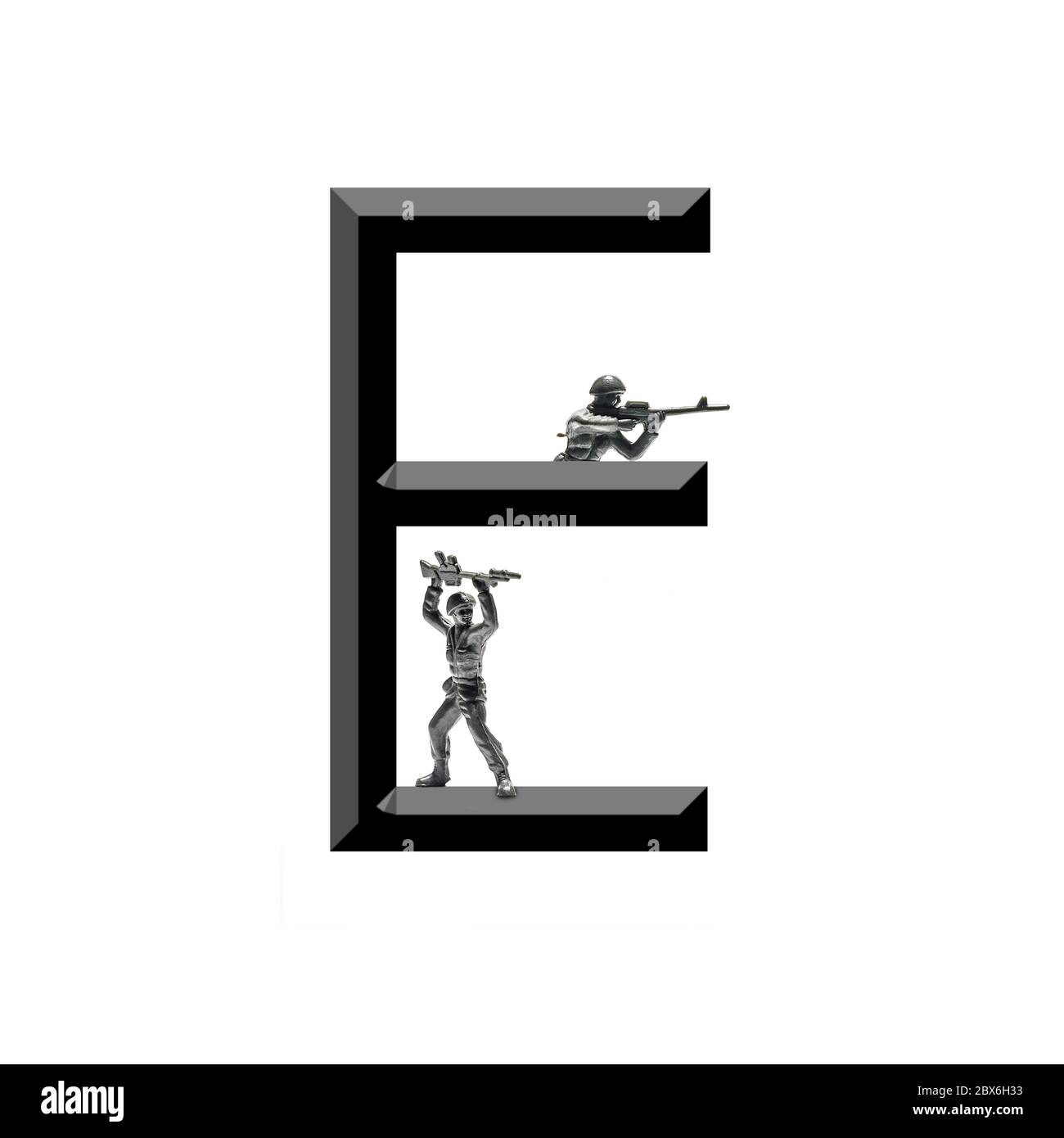 Alphabet E with soldier symbolising fight and war against something ...