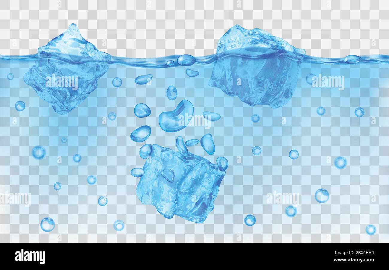 Three translucent light blue ice cubes and many air bubbles floating in ...