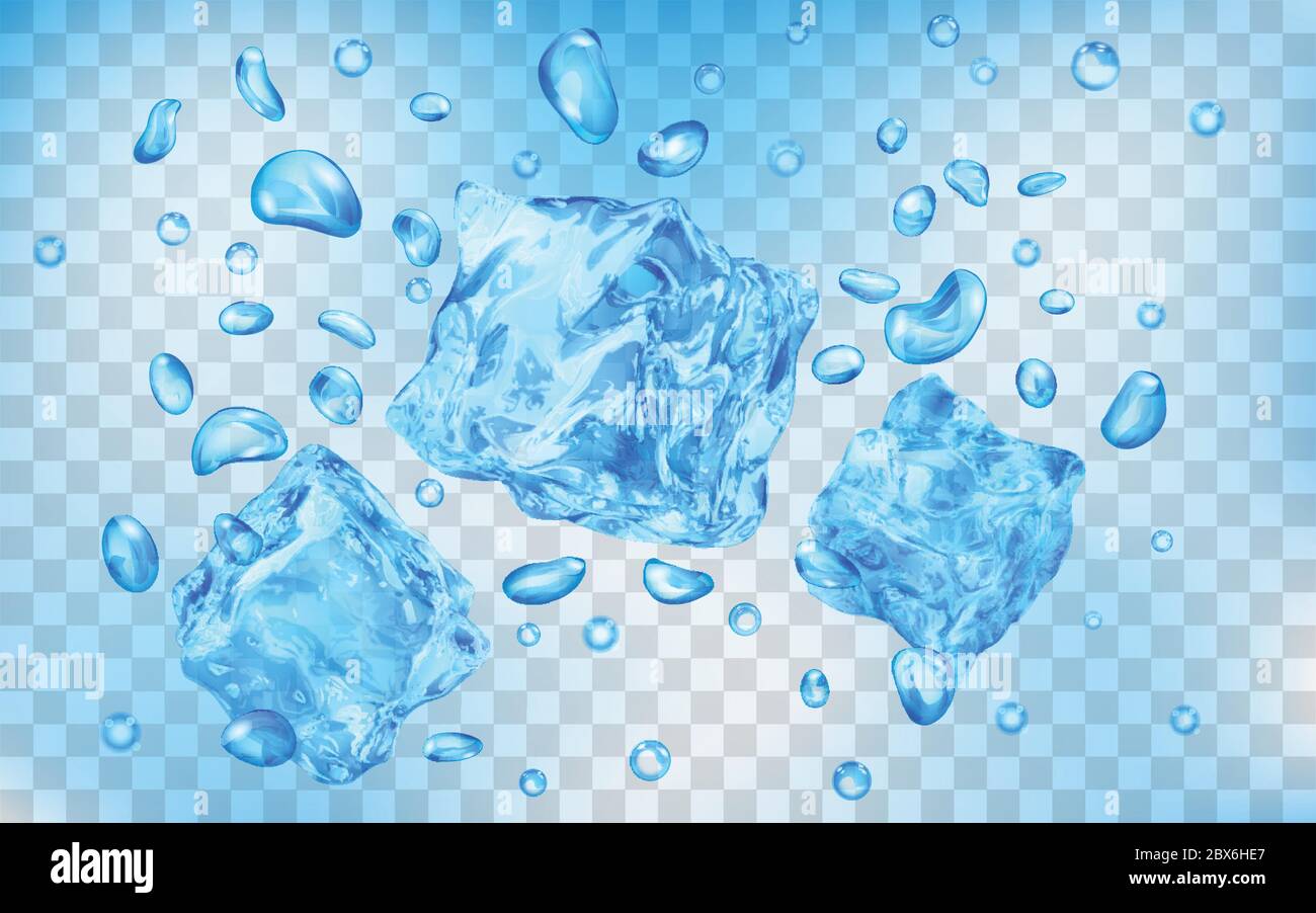 Three translucent light blue ice cubes and many air bubbles under water ...