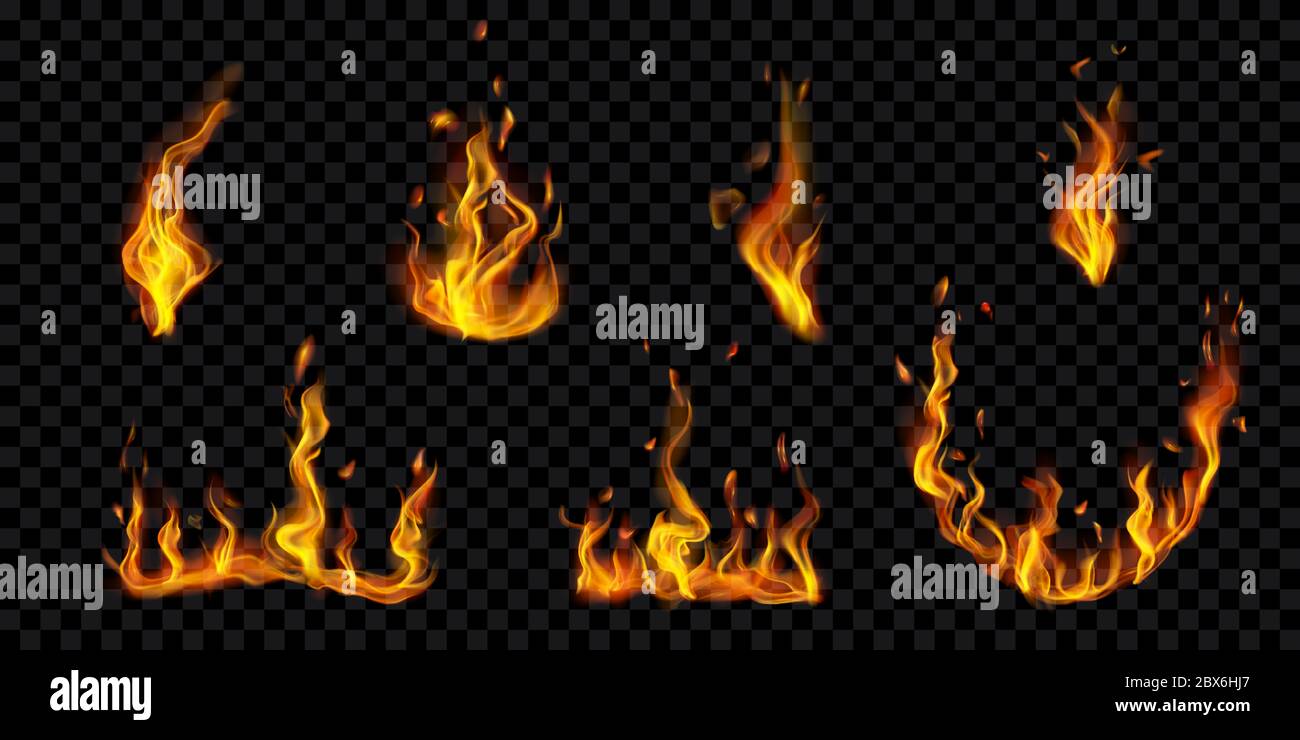 Set of translucent burning campfires and fire flames with sparks on ...