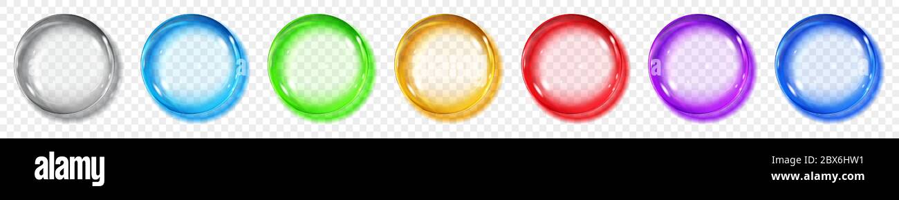 Set of translucent colored spheres with shadows on transparent ...