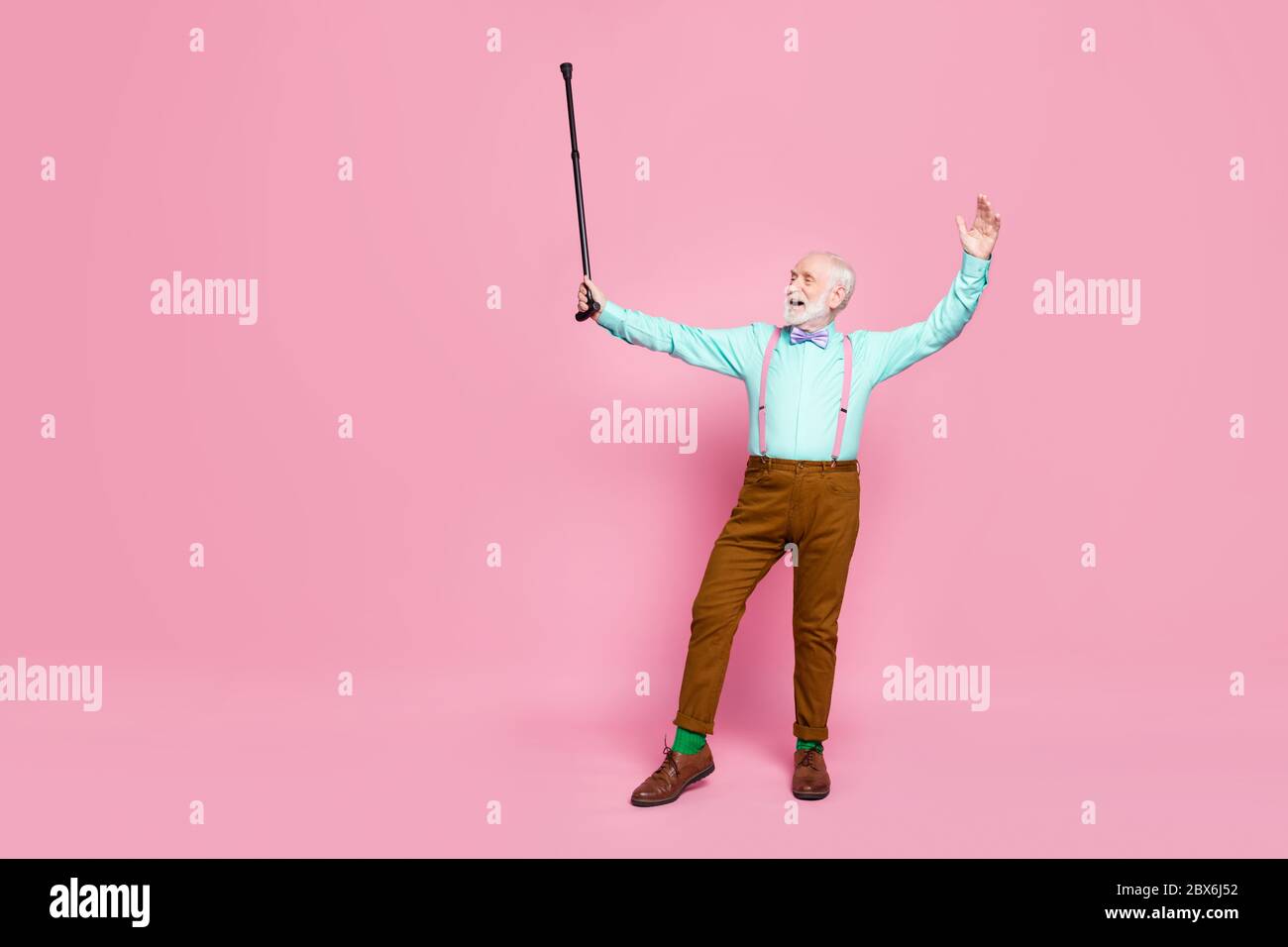 Full size photo of active crazy grandpa moving dance senior party raise ...