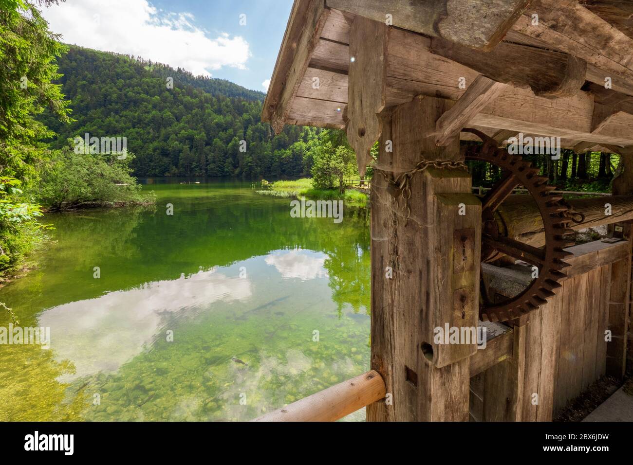 View of an ancient wooden watergate at the legendary Lake Toplitz ...
