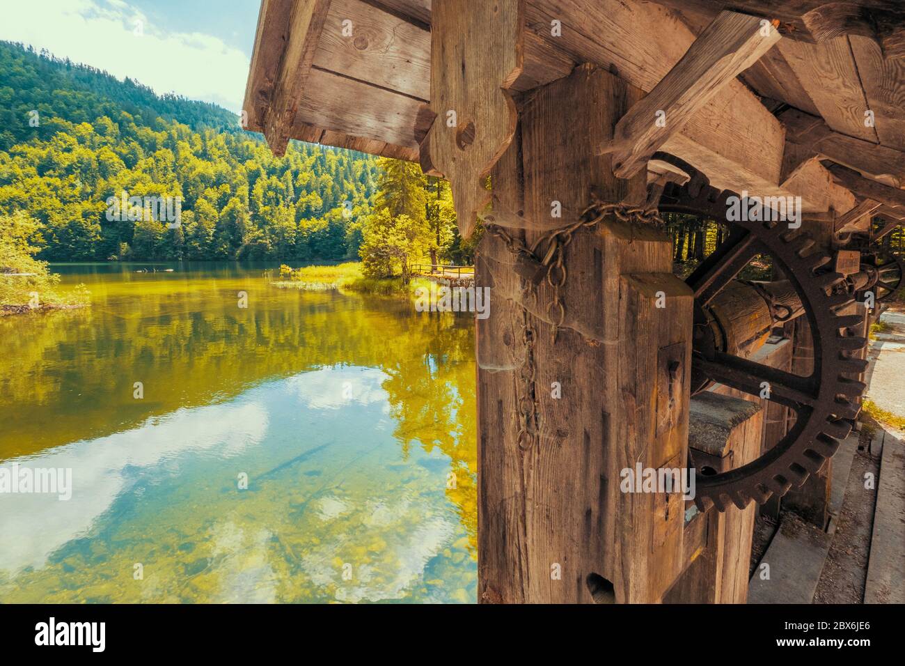View of an ancient wooden watergate at the legendary Lake Toplitz ...
