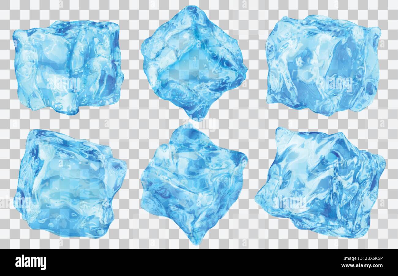 Set of six realistic translucent ice cubes in light blue color isolated ...
