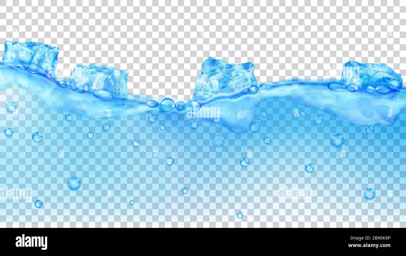 Translucent light blue ice cubes and many air bubbles floating in water ...