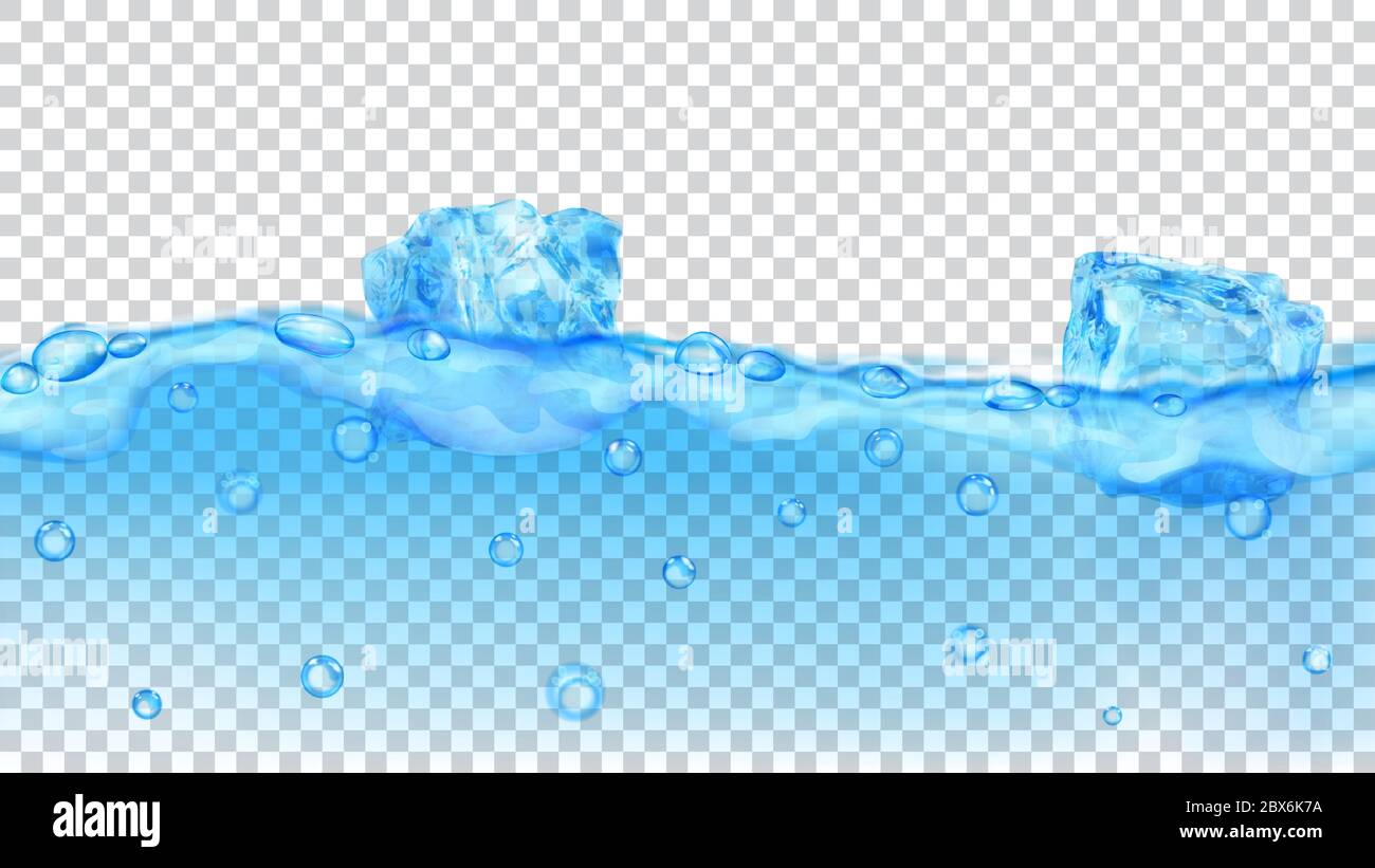 Translucent light blue ice cubes and many air bubbles floating in water ...