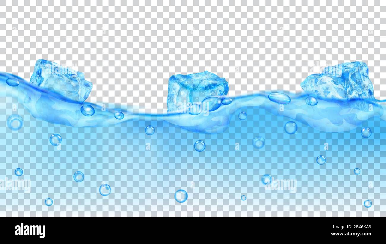 Translucent light blue ice cubes and many air bubbles floating in water ...
