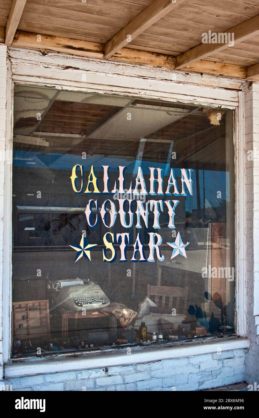 Window at newspaper office (now closed) at Market Street in Baird ...