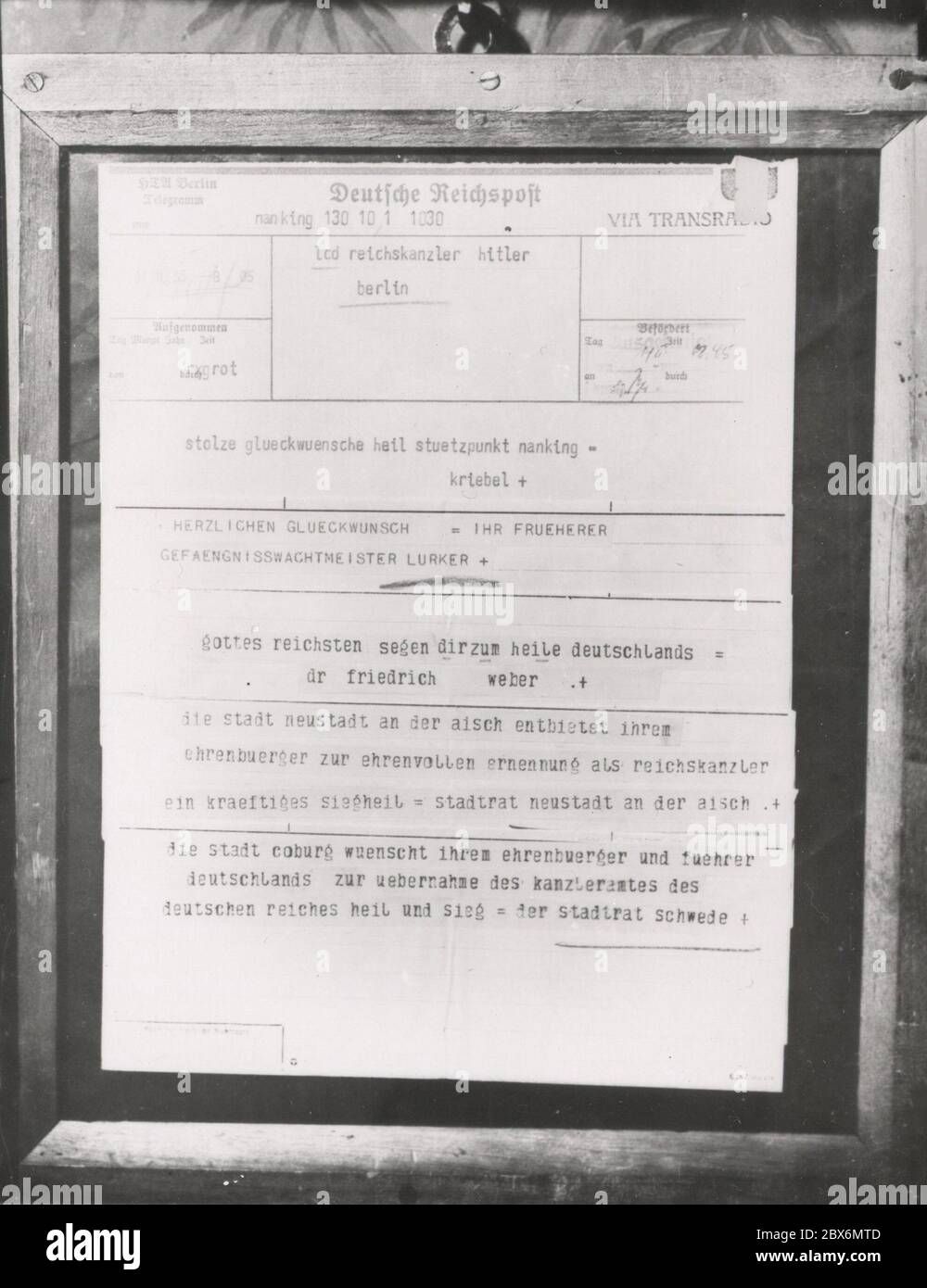 Telegrams for the appointment of Hitler as Chancellor. Heinrich ...