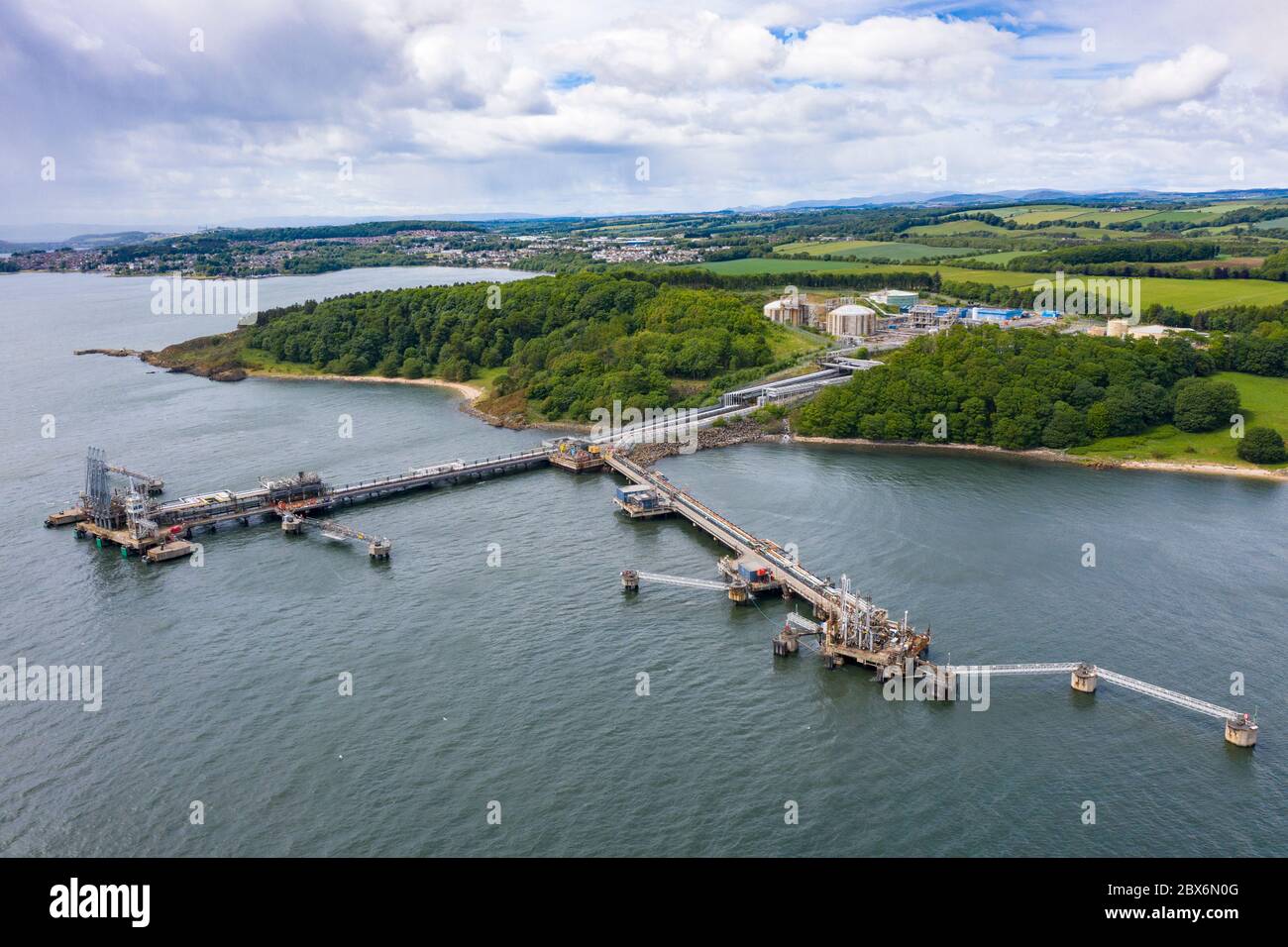 Aerial view of Exxon-Shell Braefoot Bay export terminal on Firth of ...