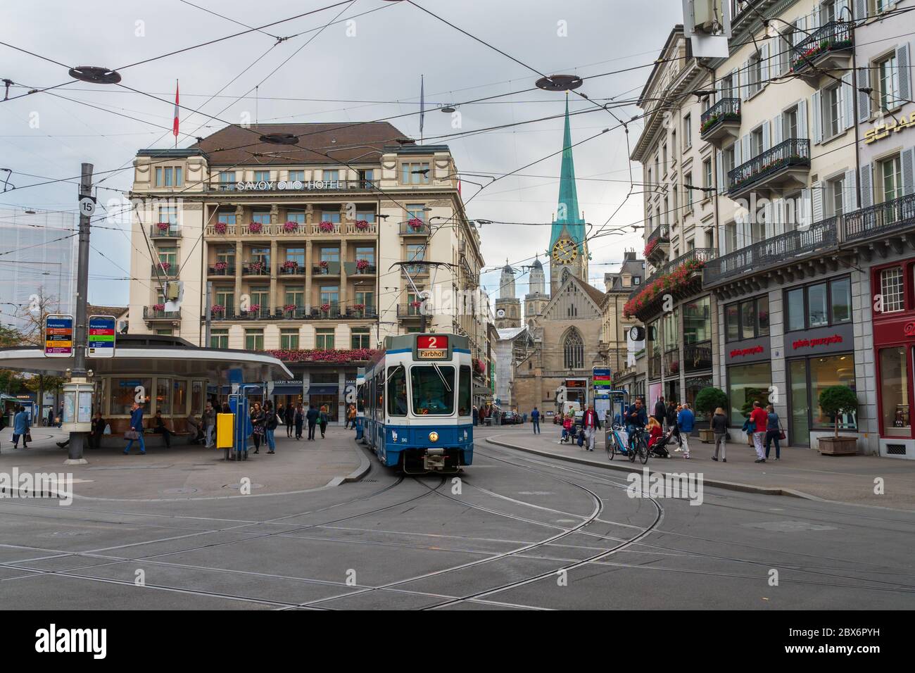 Zurich, Switzerland - October 6, 2018: People visiting the Paradeplatz ...
