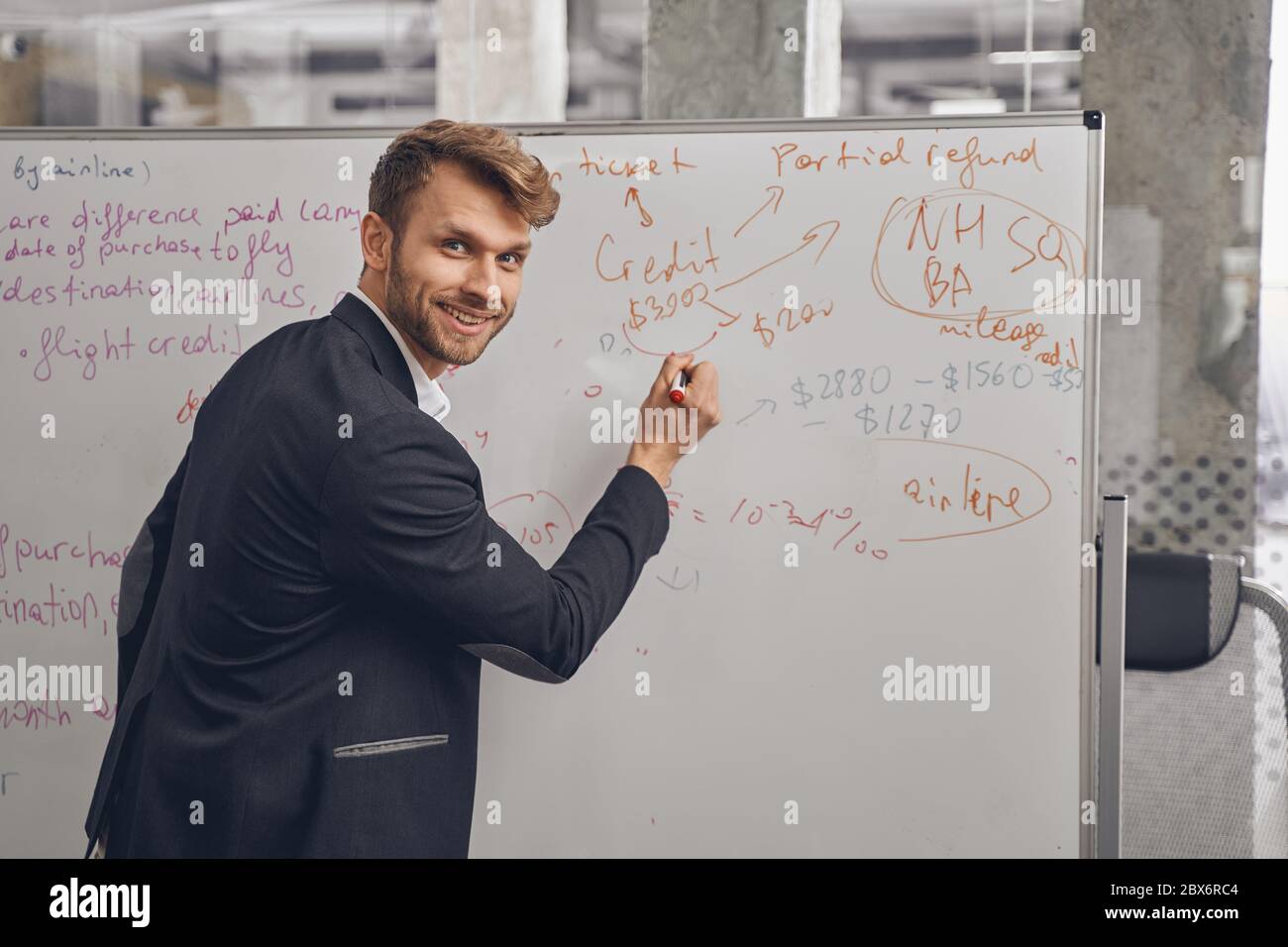 Pleased young employee writing on the whiteboard Stock Photo - Alamy