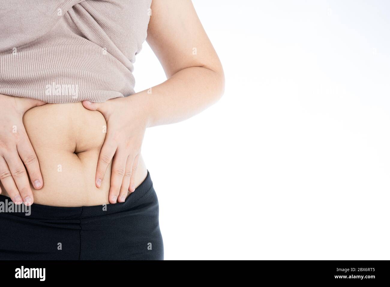 Fat woman holding excessive fat belly, overweight fatty belly isolated ...