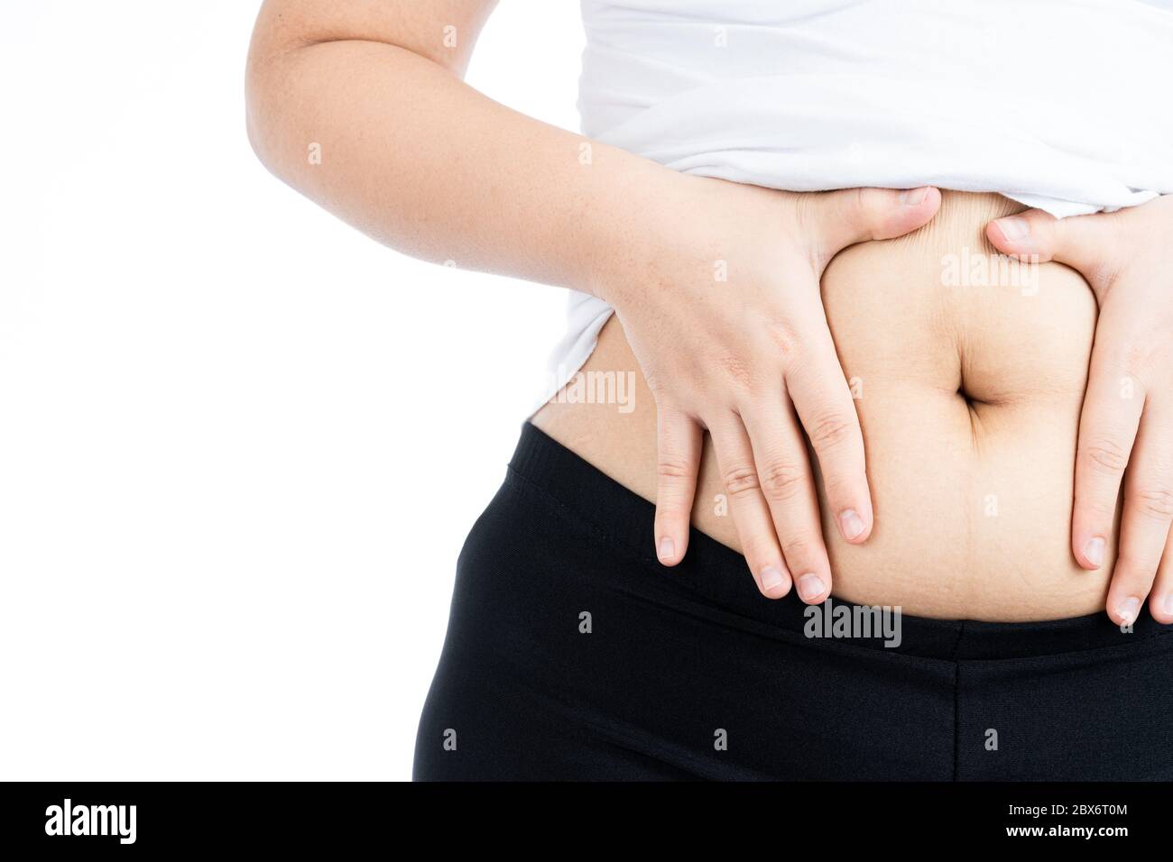 Fat woman holding excessive fat belly, overweight fatty belly isolated ...