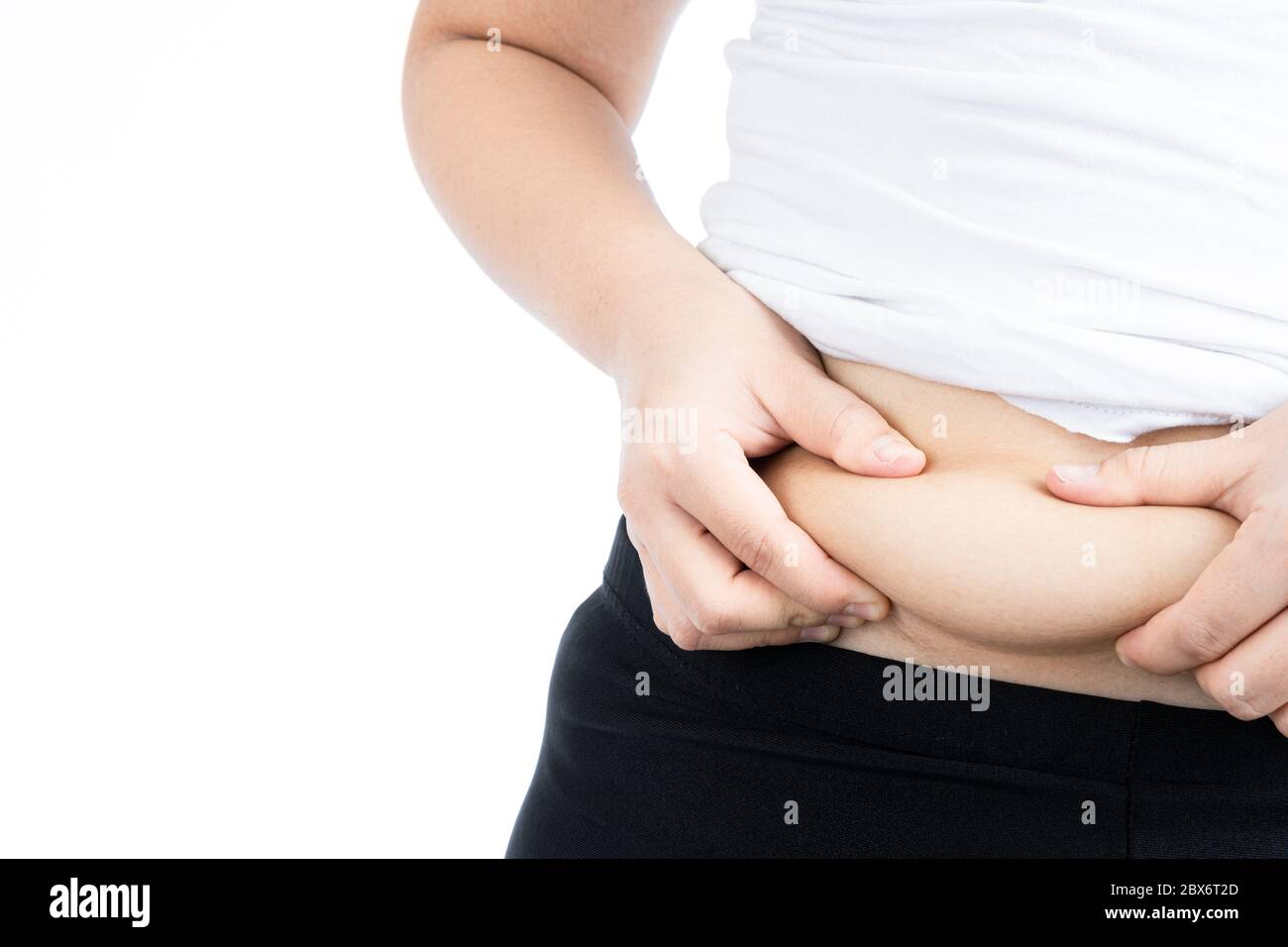 Fat woman holding excessive fat belly, overweight fatty belly isolated ...