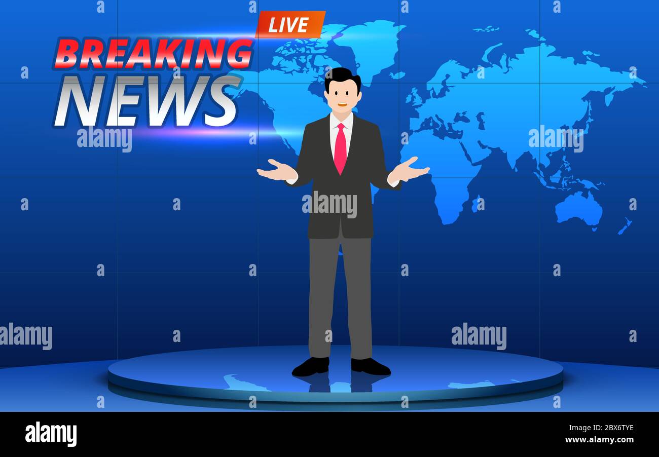 broadcaster on the blue stand with lcd background in the the news ...