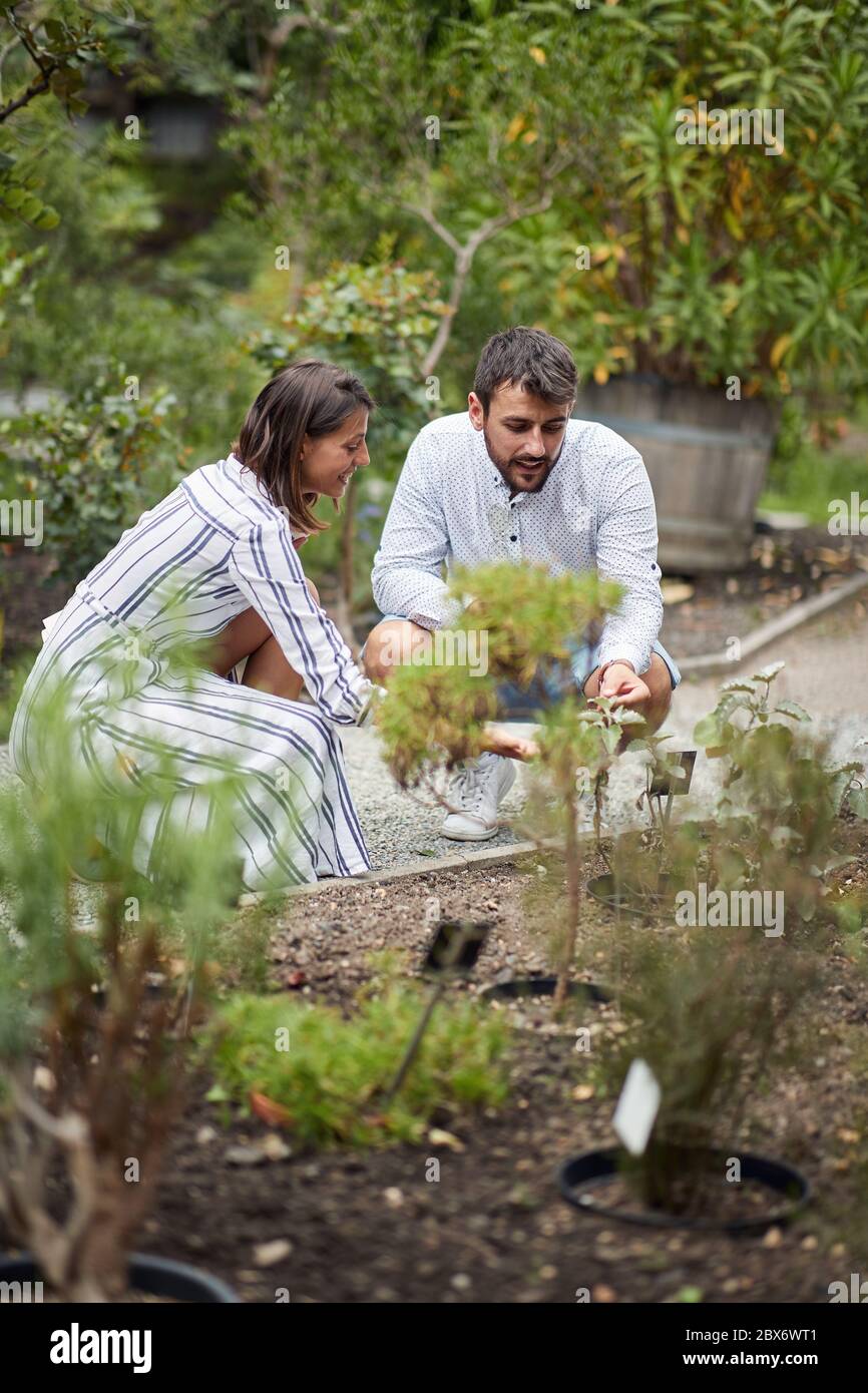 young caucasian couple exploring botanical garden, touching plants ...