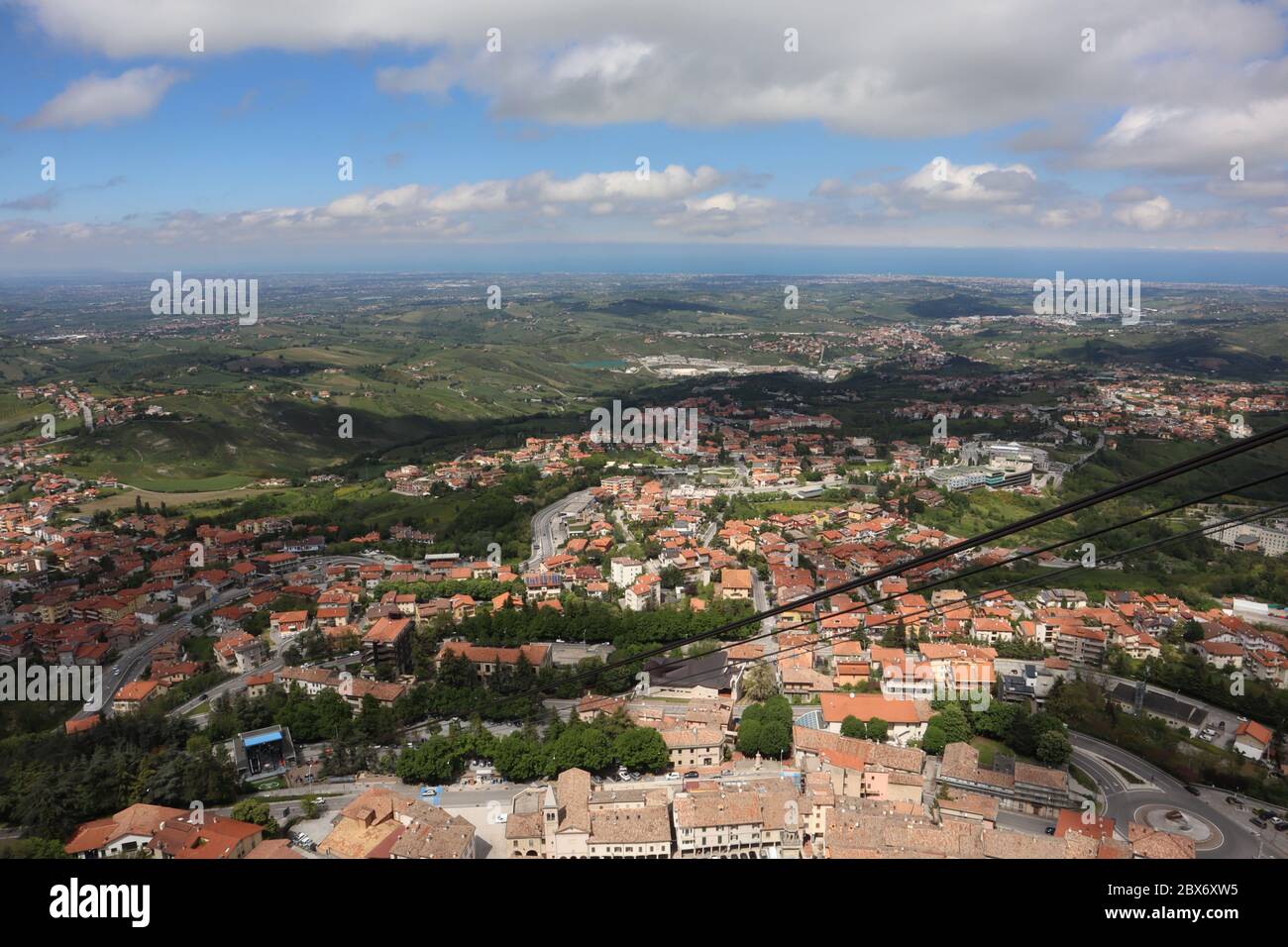 panoramic view from top of Fortress Guaita on Mount Titano on city San ...