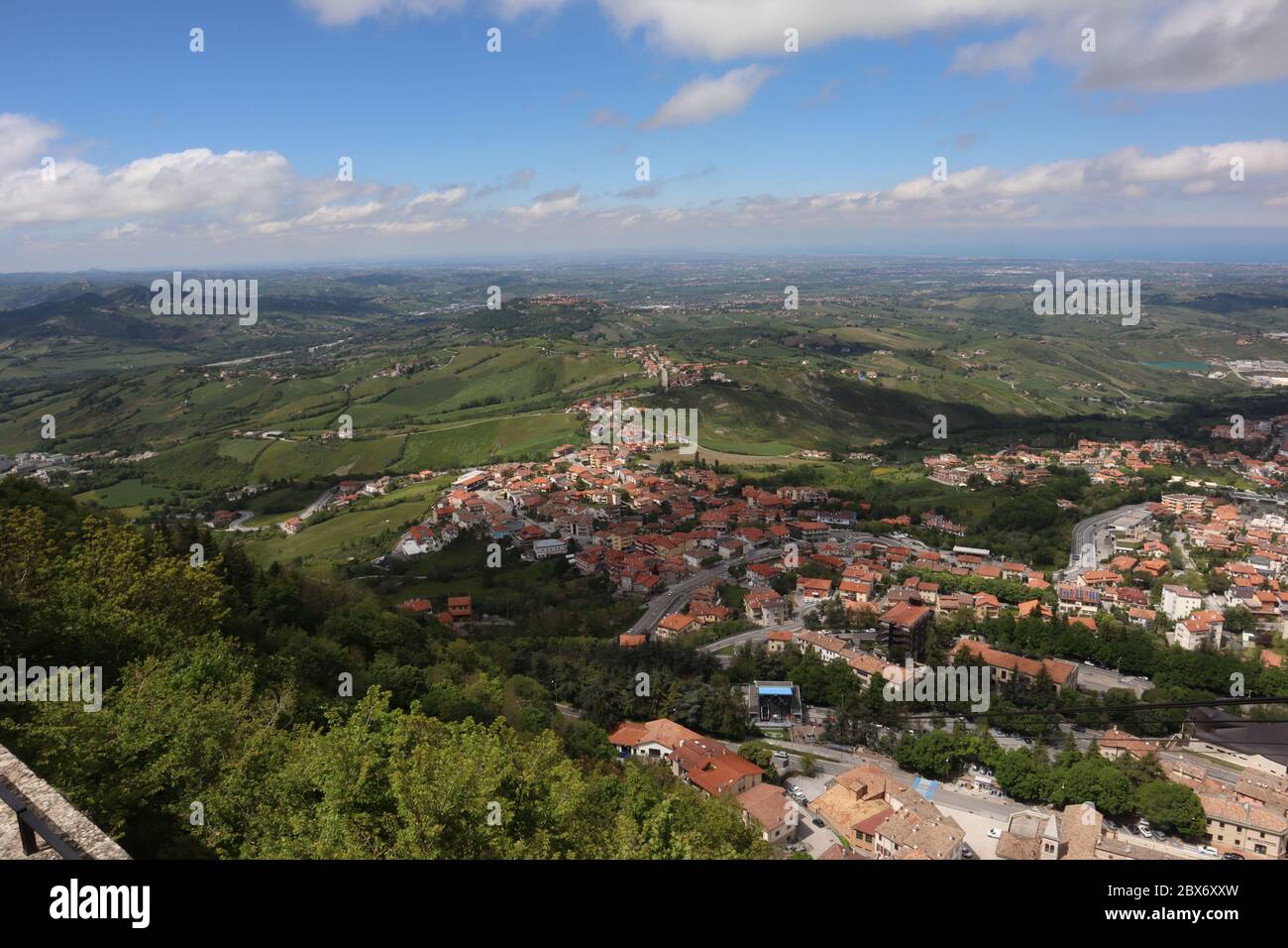 panoramic view from top of Fortress Guaita on Mount Titano on city San ...