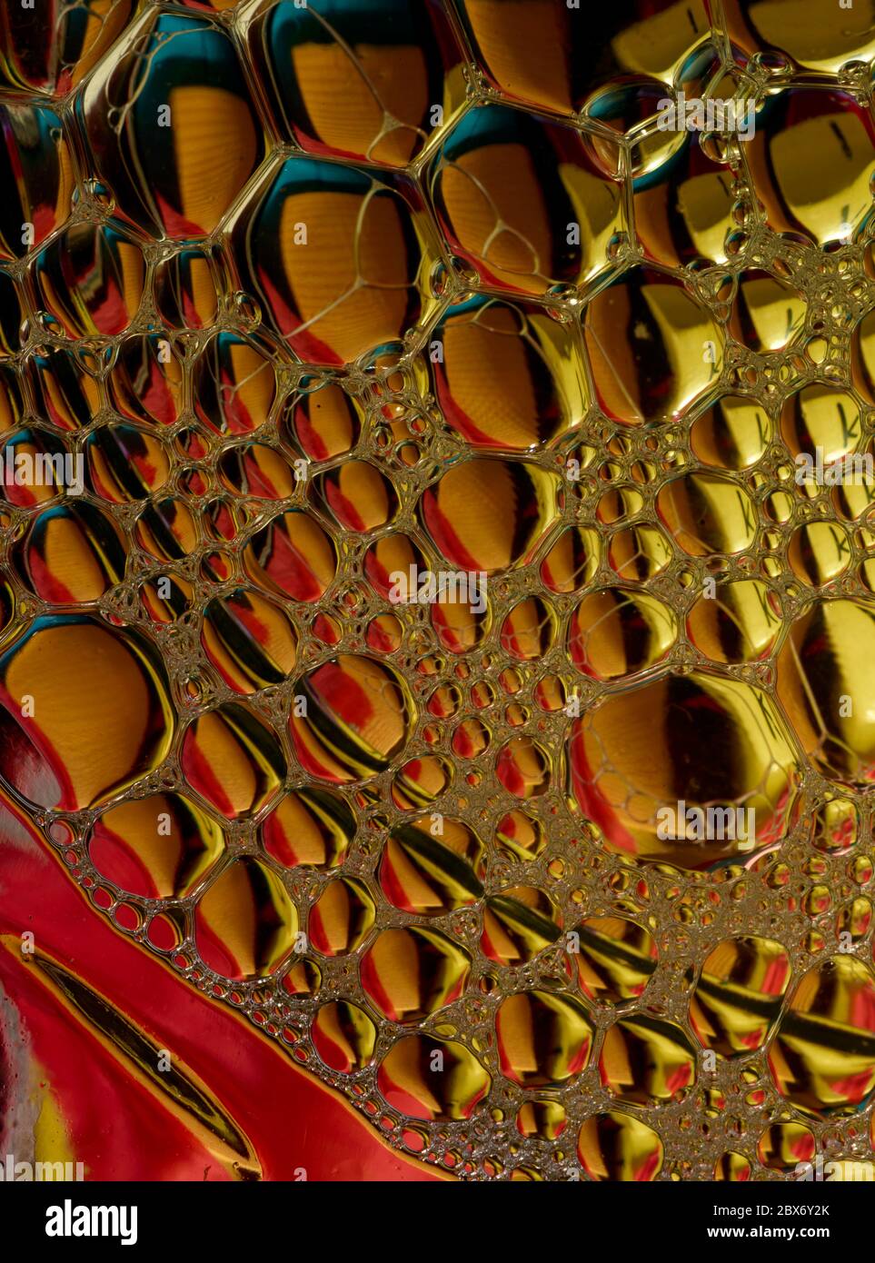 Conceptual close-up still-life of colourful bubbles on a liquid surface ...