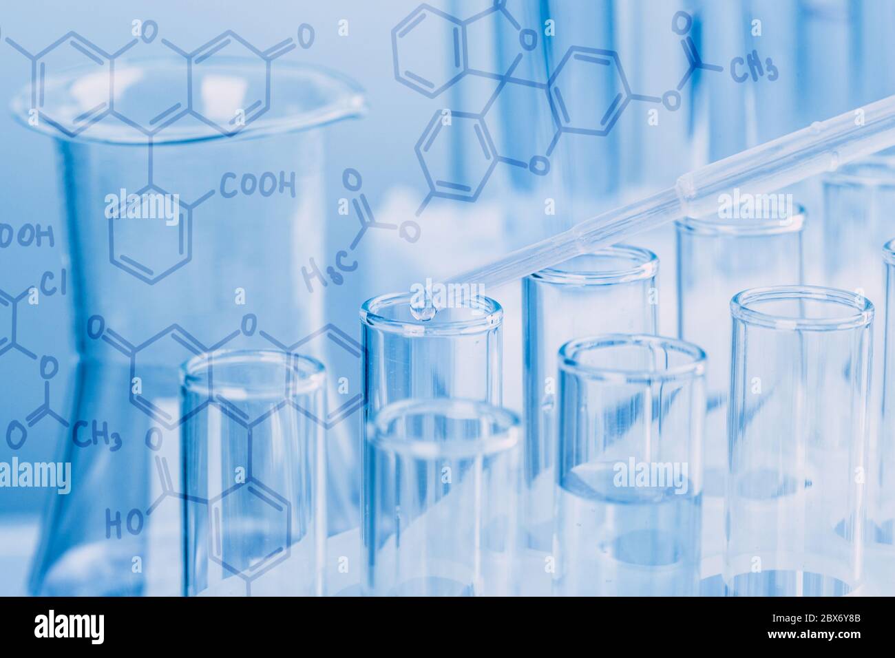 Laboratory glassware with a dropper dripping liquid into a test tube ...