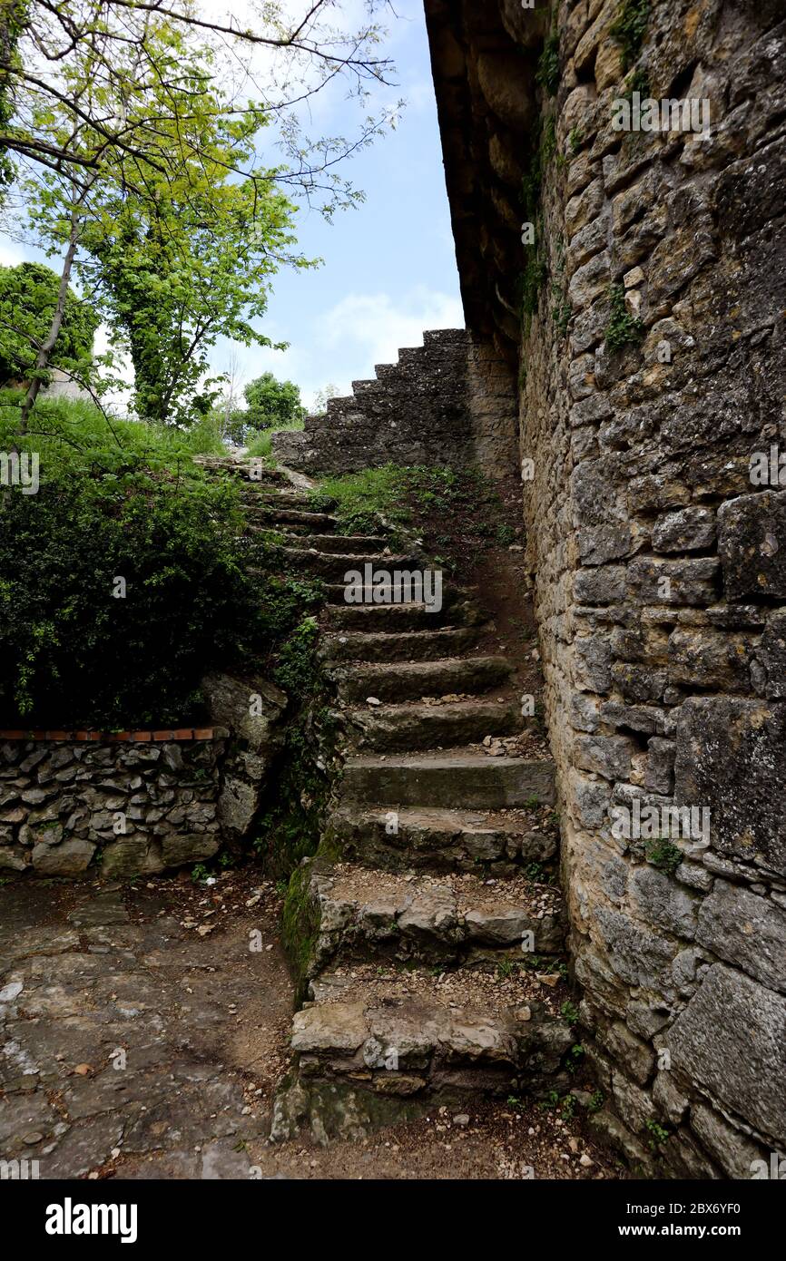 old stone stairs in Fortress Guaita on Mount Titano, most famous tower ...