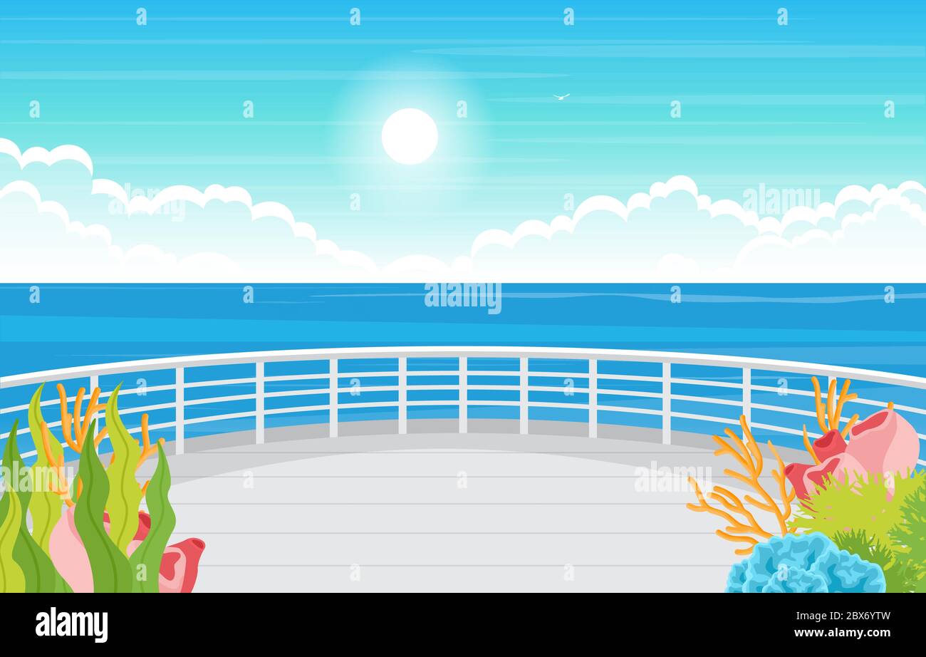 Sea Ocean Landscape View on Cruise Ship Deck Coral Reef Illustration ...