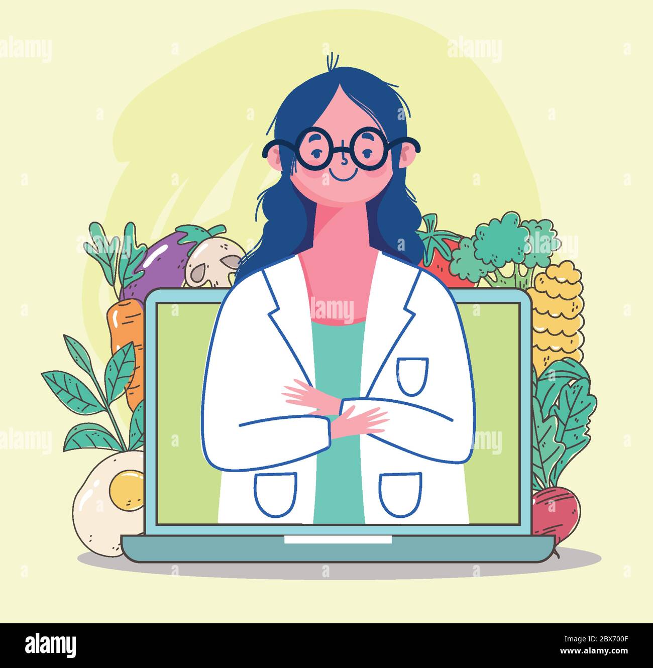 female dietitian doctor in video laptop, fresh market organic healthy ...