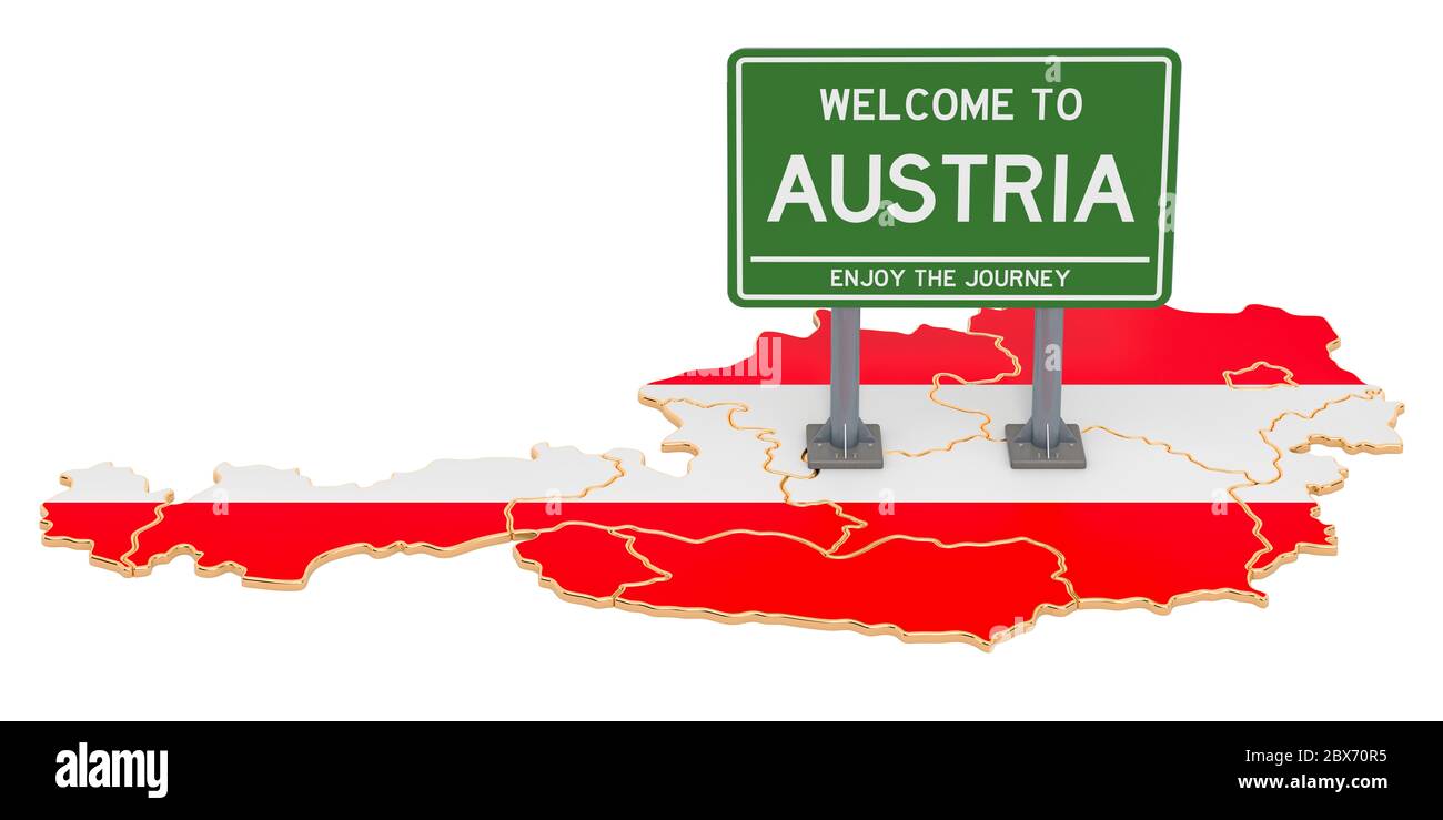 Billboard Welcome to Austria on Austrian map, 3D rendering isolated on ...