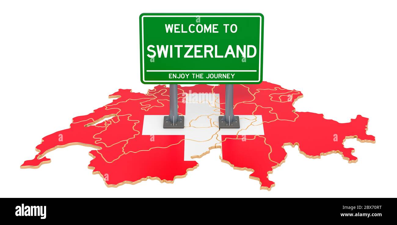 Billboard Welcome to Switzerland on Swiss map, 3D rendering isolated on ...