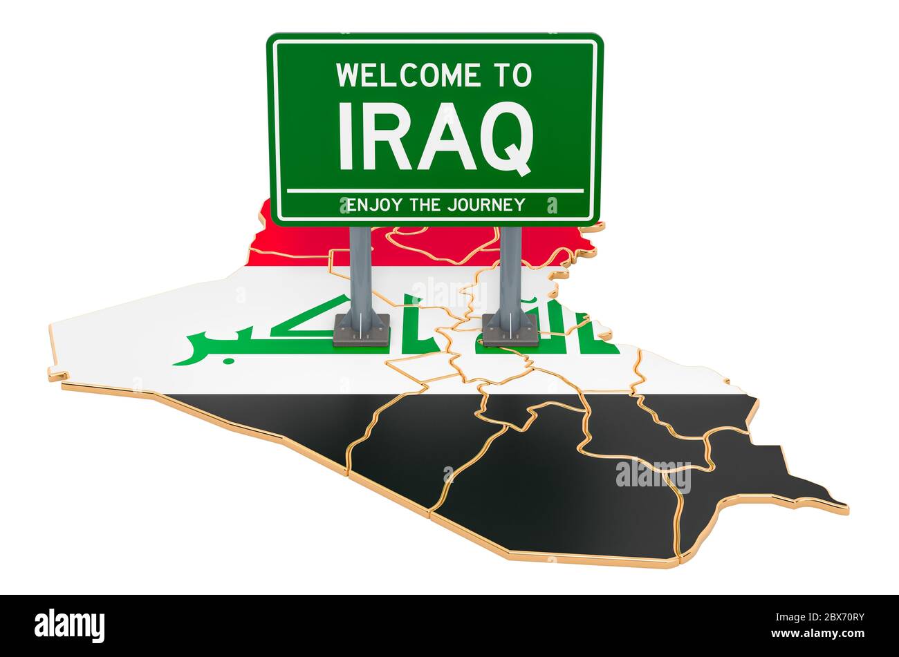 Billboard Welcome to Iraq on Iraqi map, 3D rendering isolated on white ...