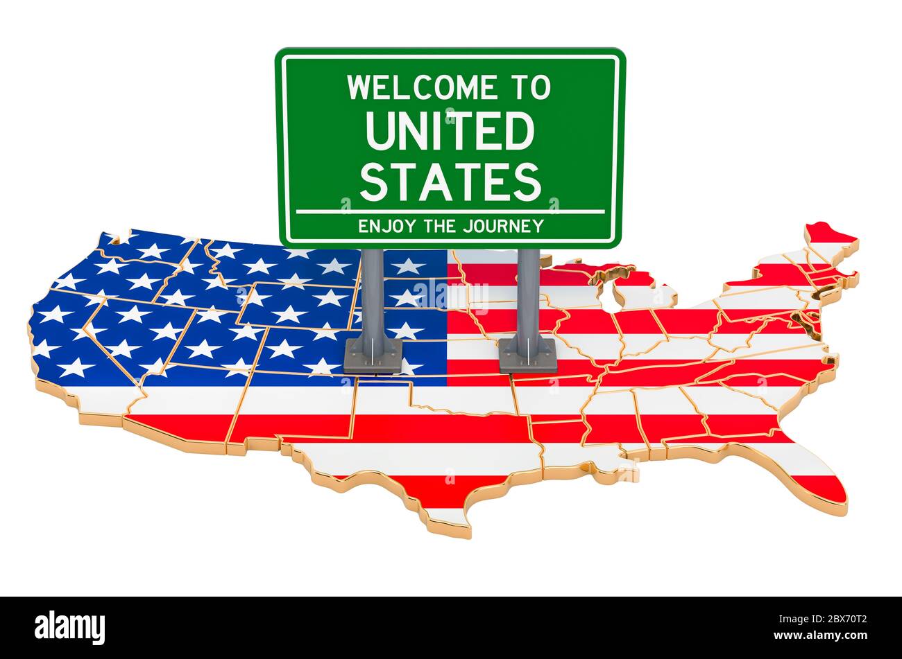 Billboard Welcome to the USA on American map, 3D rendering isolated on ...