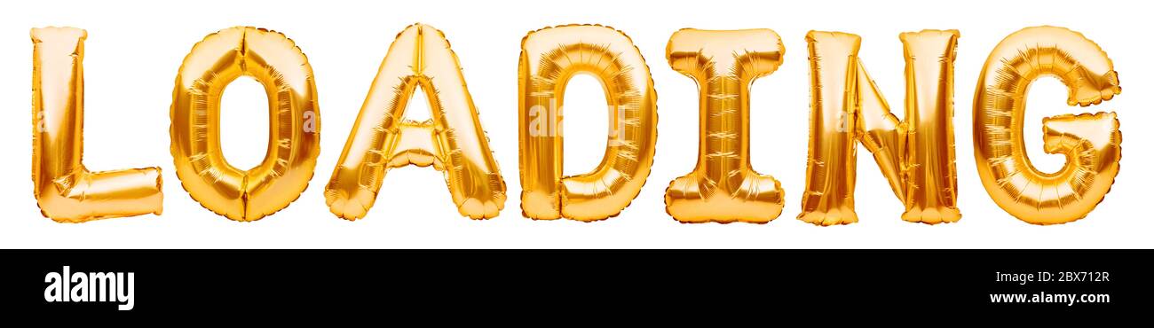 Word LOADING made of golden inflatable balloons isolated on white ...