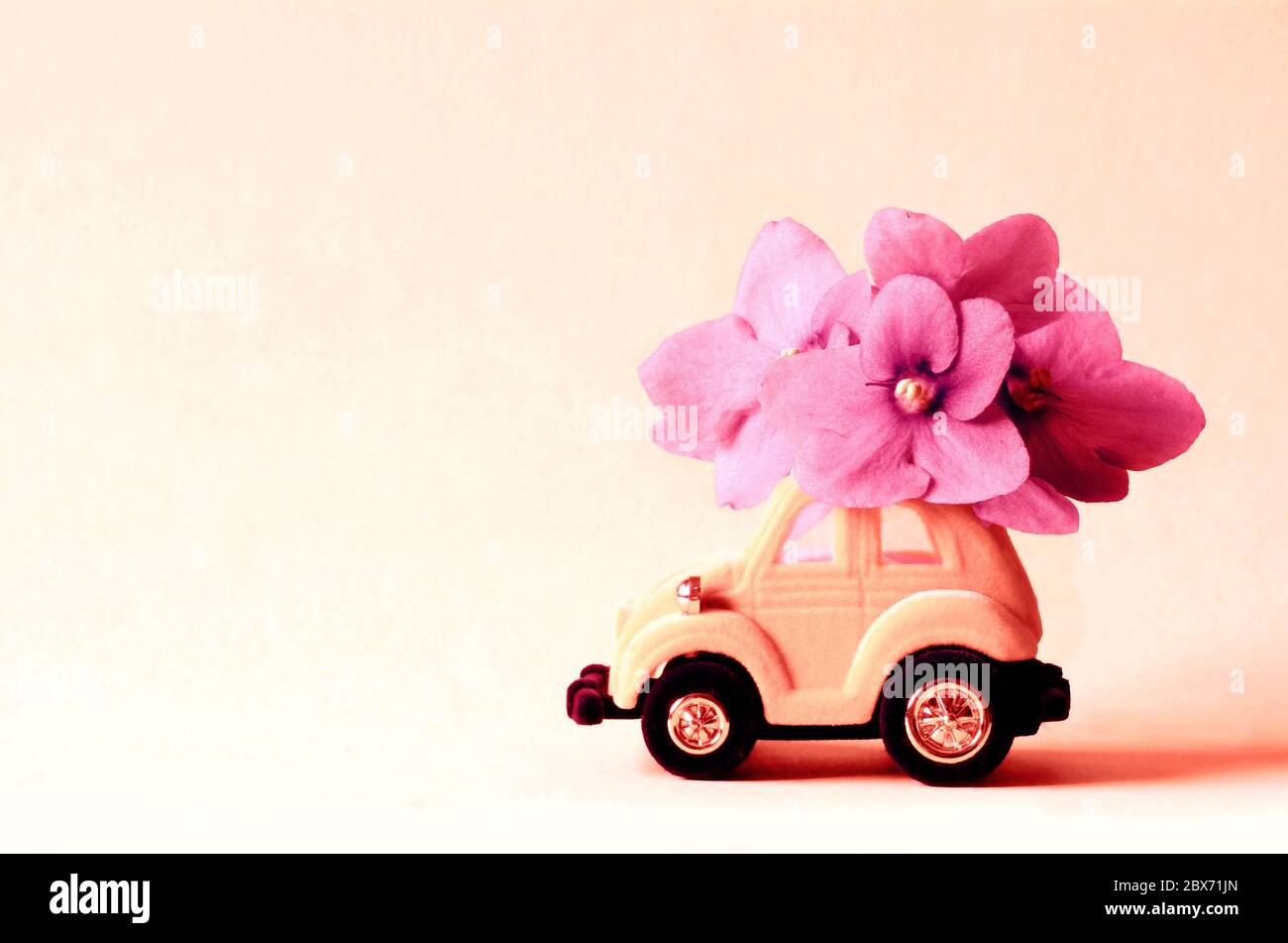 Card with a little toy car delivering bouquet flowers on pink ...