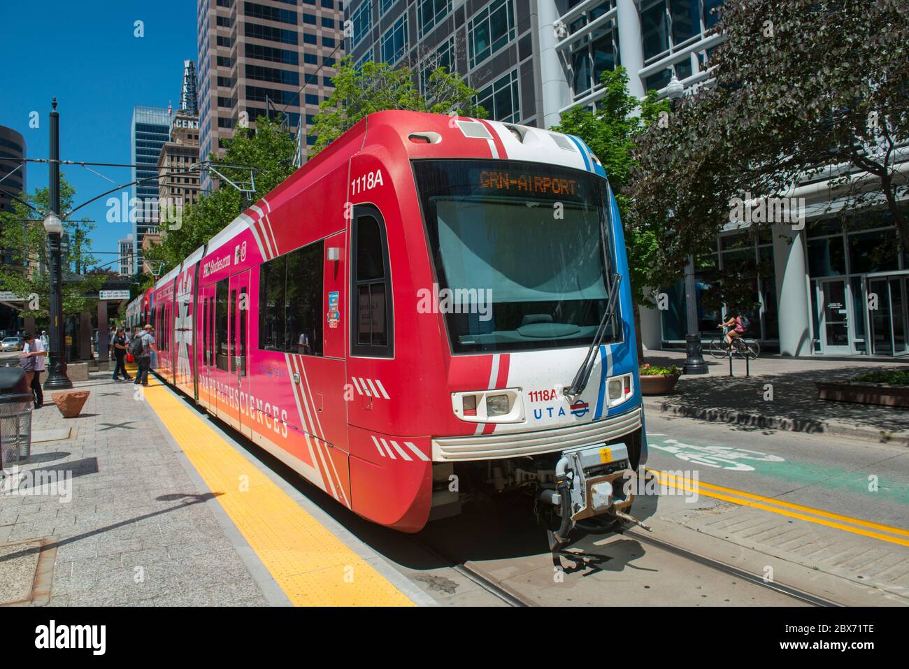 UTA Light Rail Siemens S70 Blue Line at Gallivan Plaza Station in ...