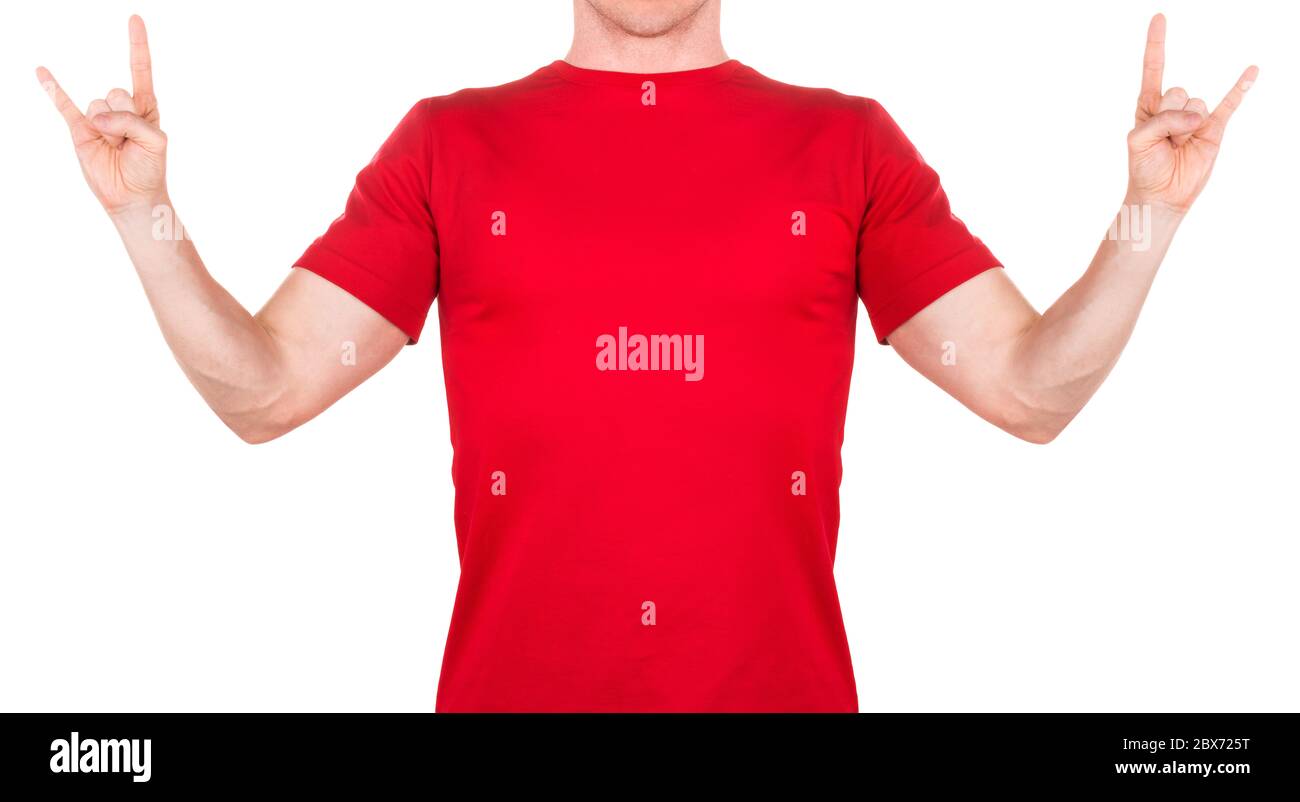 Man in red t-shirt showing rock n roll sign or giving the devil horns ...