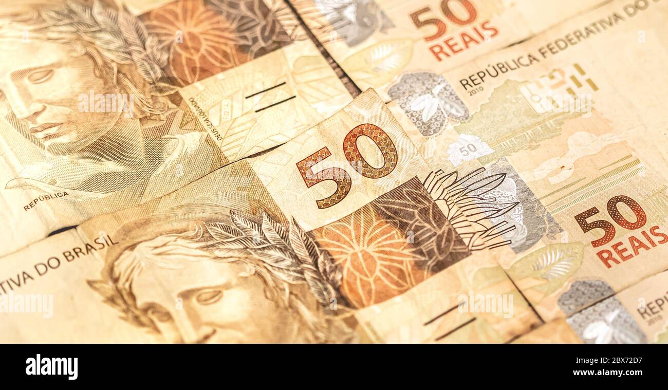 Real currency, money from brazil. Brazilian banknotes in close up ...