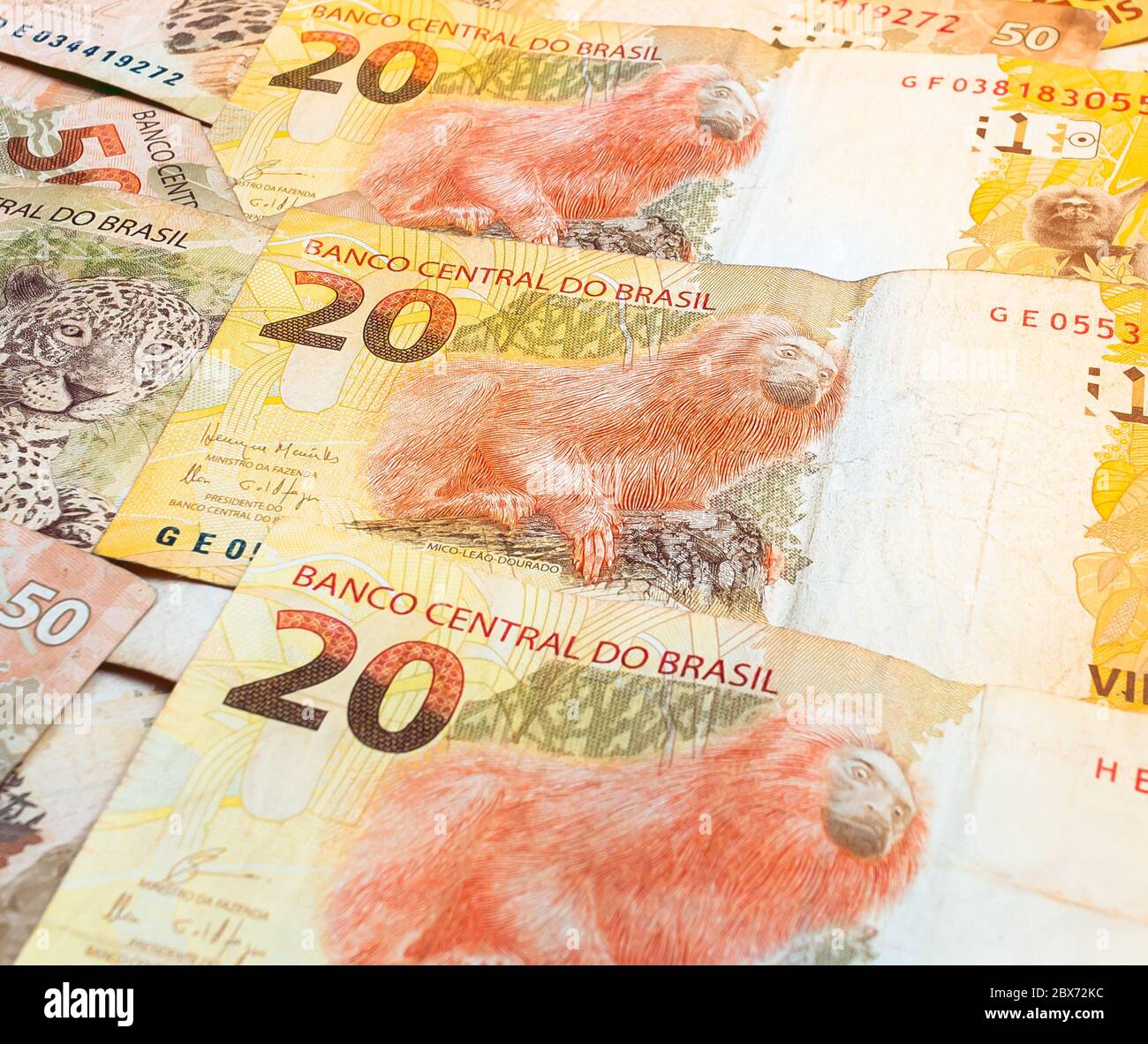 Real currency, money from brazil. Brazilian banknotes in close up ...