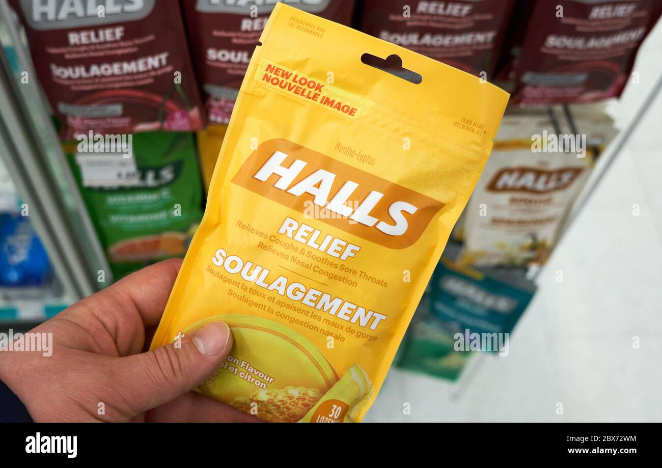 Montreal, Canada - May 03, 2020: Halls Mentho Lyptus drops pack in a ...