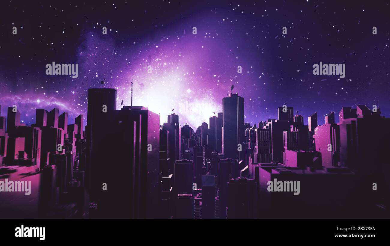 Retro futuristic city flythrough background. 80s sci-fi landscape in ...