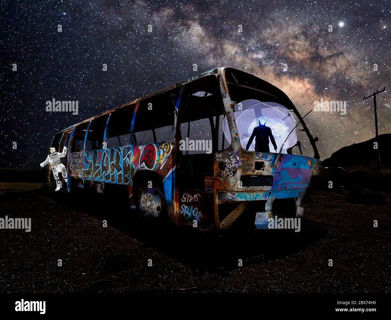 Abandoned Destroyed Bus with Light Painted Scary Persons Aboard Stock ...