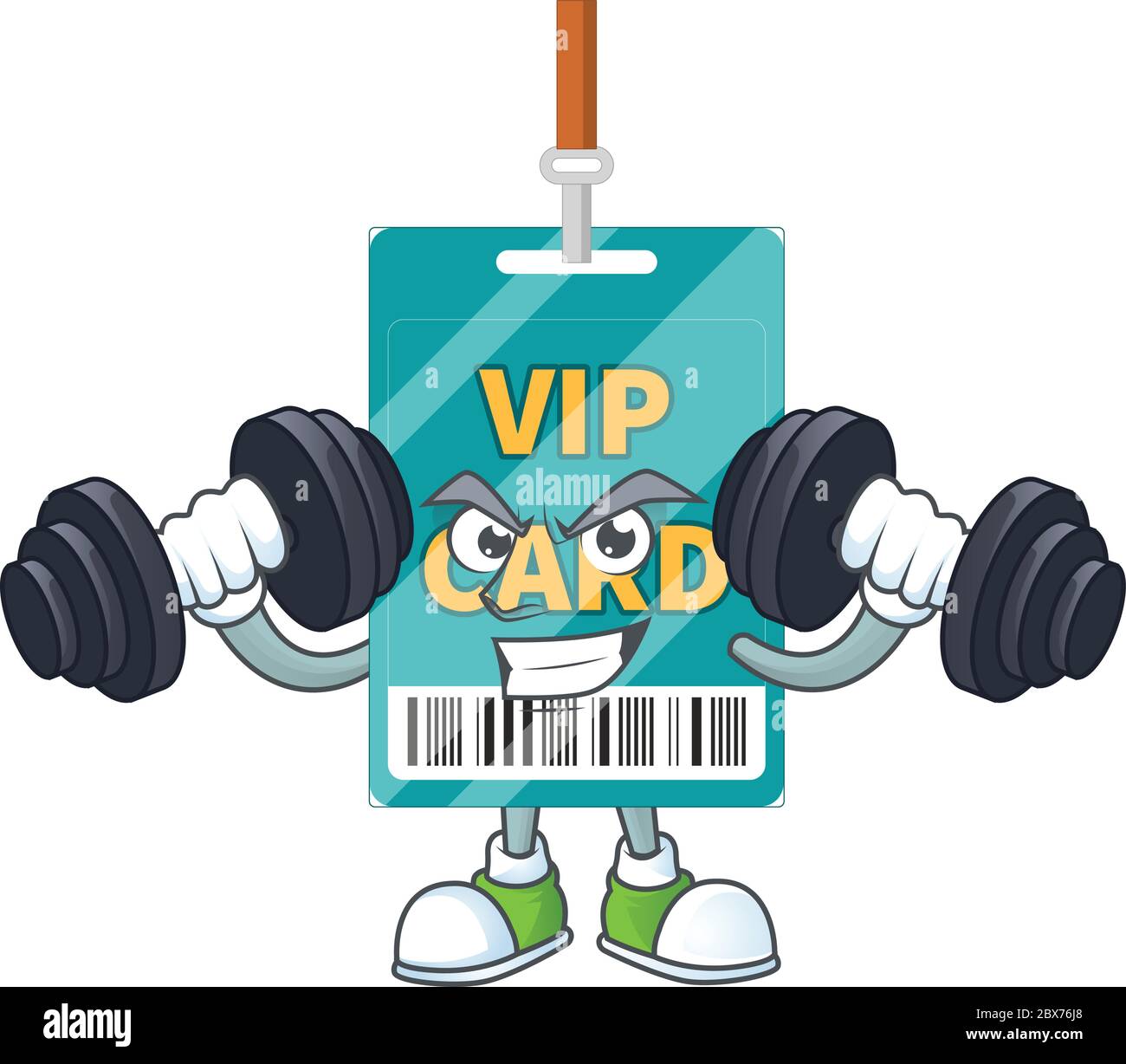 Caricature picture of VIP pass card exercising with barbells on gym ...