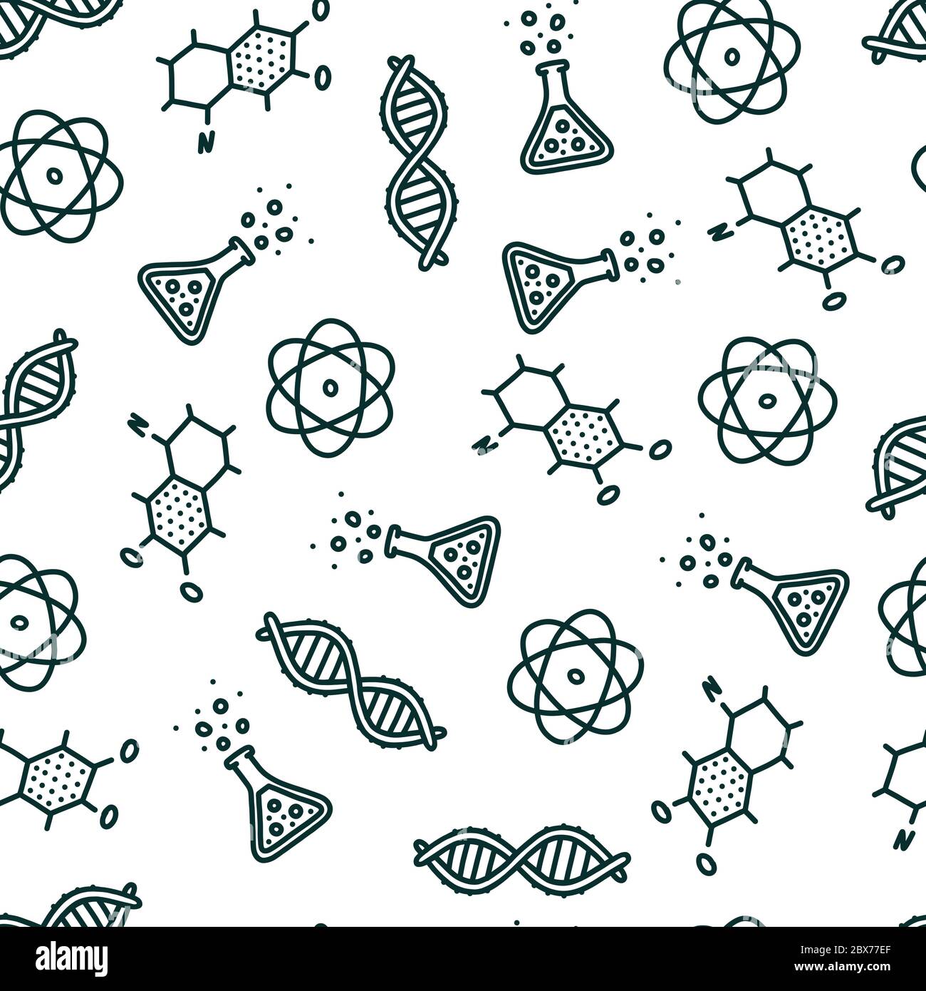Seamless pattern with scientific objects. Hand drawn DNA molecule, atom ...
