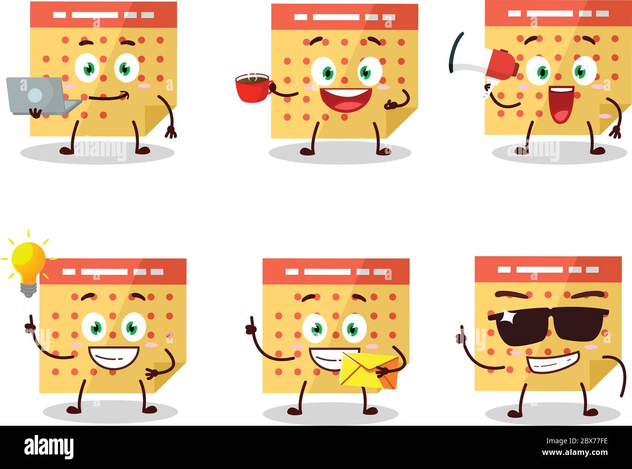Calendar cartoon character with various types of business emoticons ...