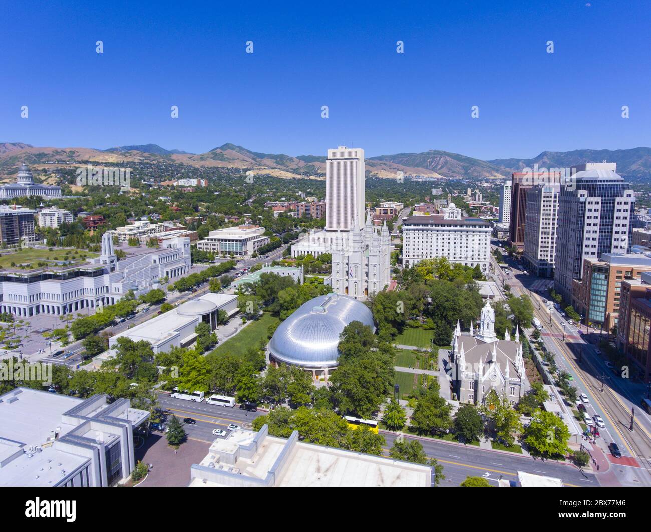 Aerial view of Temple Square, including Salt Lake Temple, LDS Church ...