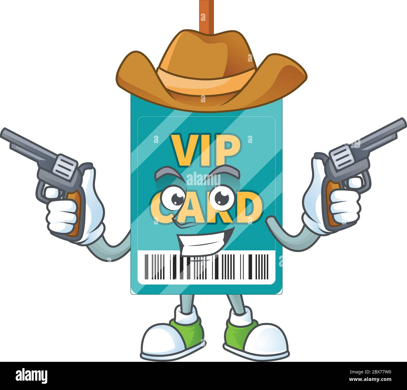 A masculine cowboy cartoon drawing of VIP pass card holding guns Stock ...
