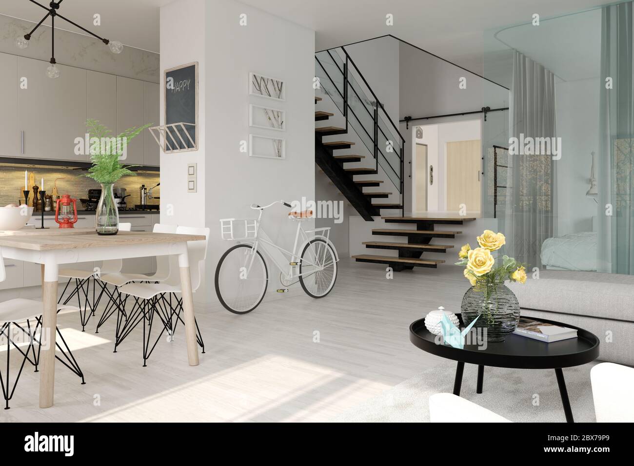 Scandinavian style interior design 3D rendering Stock Photo - Alamy